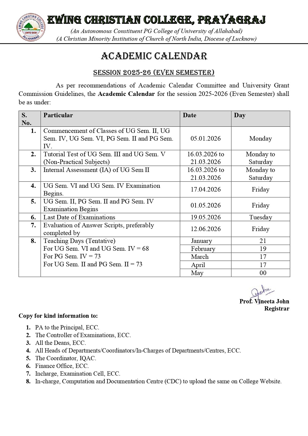 Academic Calendar | Ewing Christian College Prayagraj.